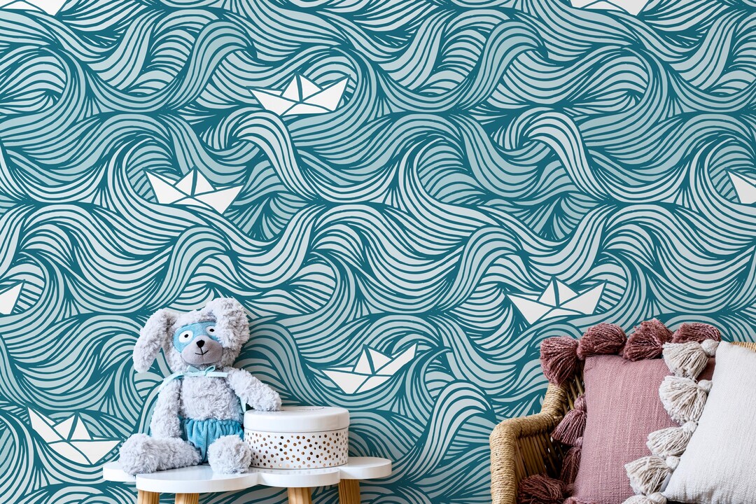 Buy Sea Wavy Pattern Wallpaper, Custom Color Mural, Nursery Sea Ship ...