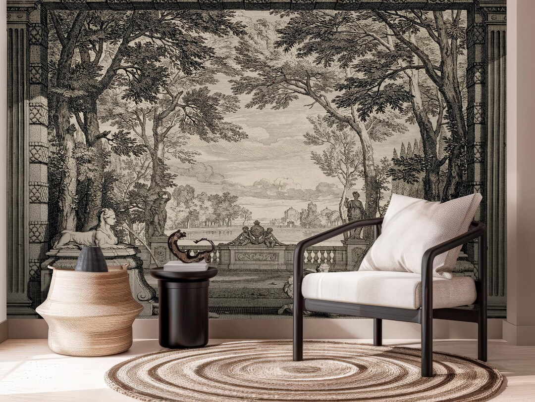 Palace in Lake Scenic Wall Mural, Vintage Tree Scenic Wallpaper ...