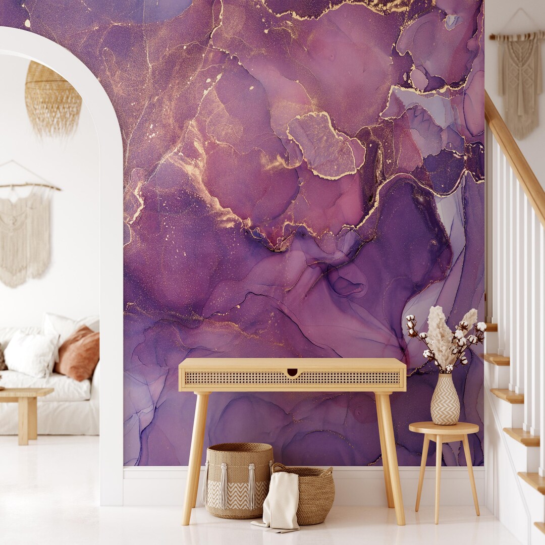 Purple and Golden Wallpaper, Golden Line Wall Mural, Marble Wallpaper ...