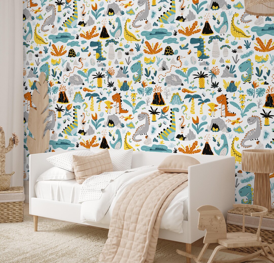 Dinosaur and Volcano Themed Peel and Stick Wallpaper, Cute Boys Room ...