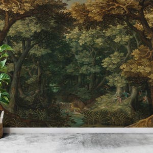 Rustic Dark Forest Wallpaper Mural, Wooded Landscape With Stag Hunt ...