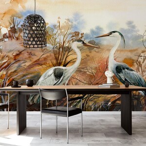 White Heron Bird Wallpaper, Animal Wallpaper, Removable Wallpaper, Brown Leaves Mural, Peel and ...