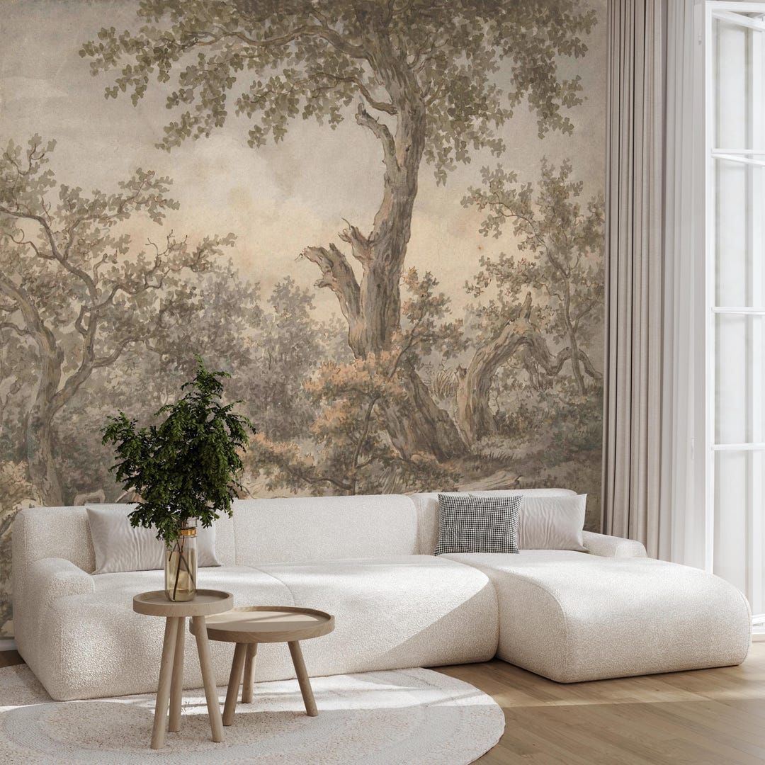 Landscape Tree Scenic Wall Mural, Vintage Forest Wallpaper With Rural ...