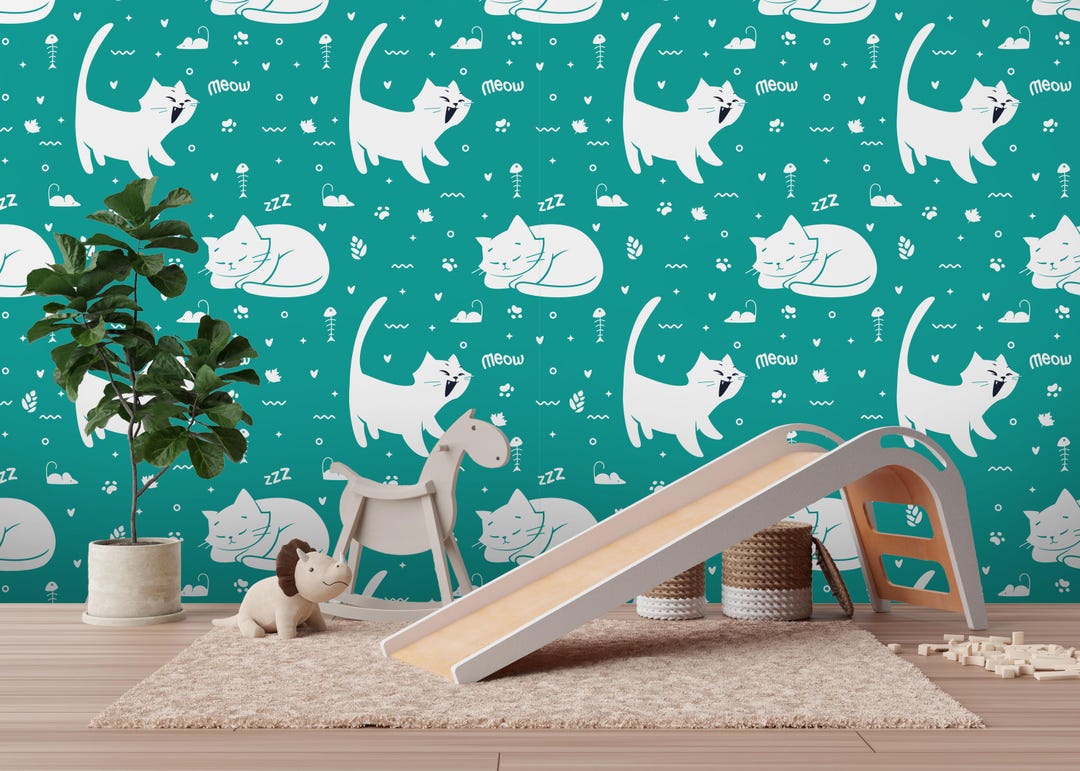 Cat Pattern for Kids Room Wallpaper, Cat Meow Wall Mural, Custom Color ...