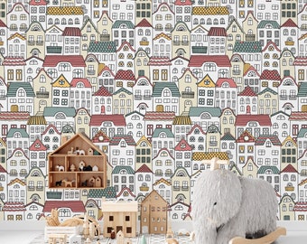Kids City Wallpaper / Colorful Nursery Town Wallpaper / Kids Colorful ...