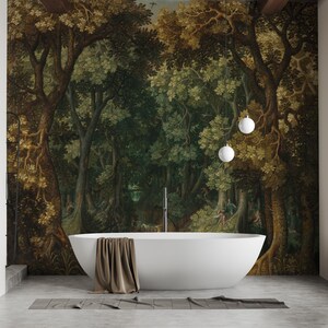 Rustic Dark Forest Wallpaper Mural, Wooded Landscape With Stag Hunt ...