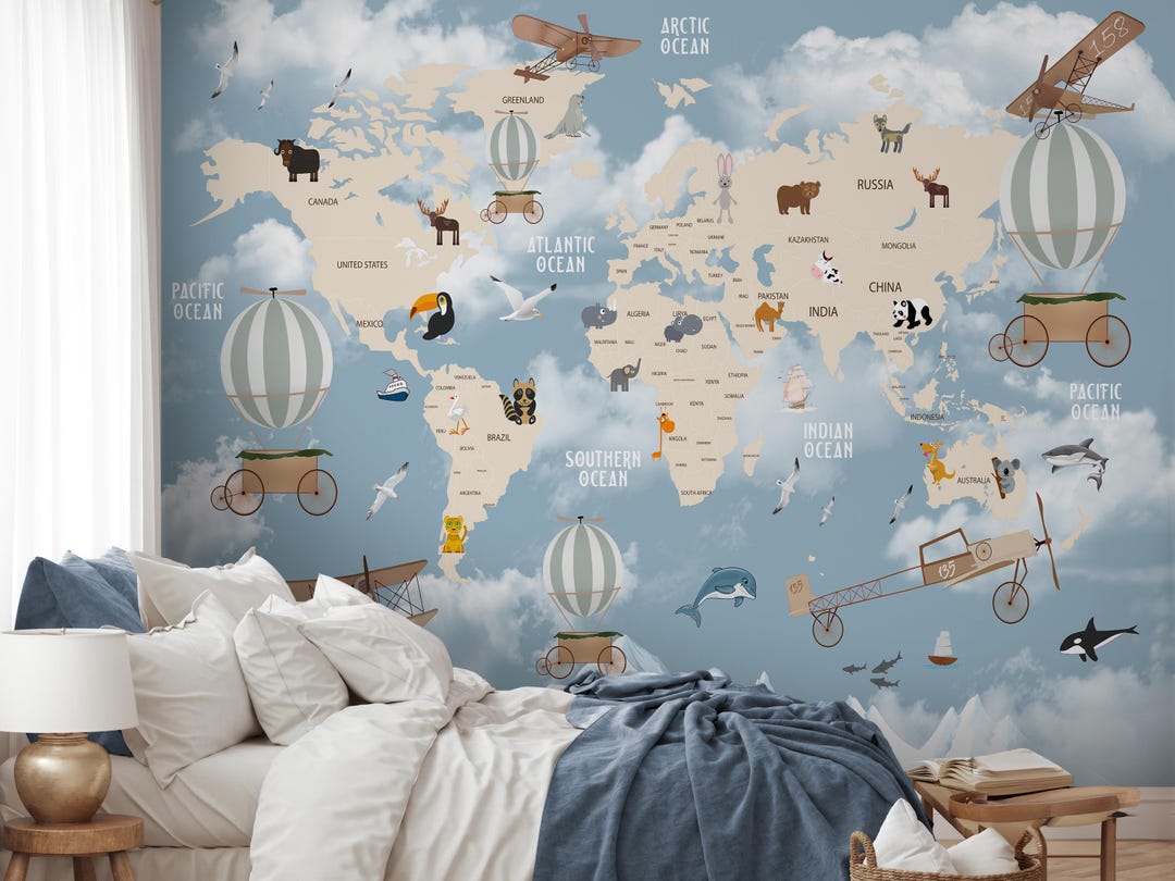 Blue Sky Peel and Stick World Map Wallpaper, Educational Wall Mural for ...