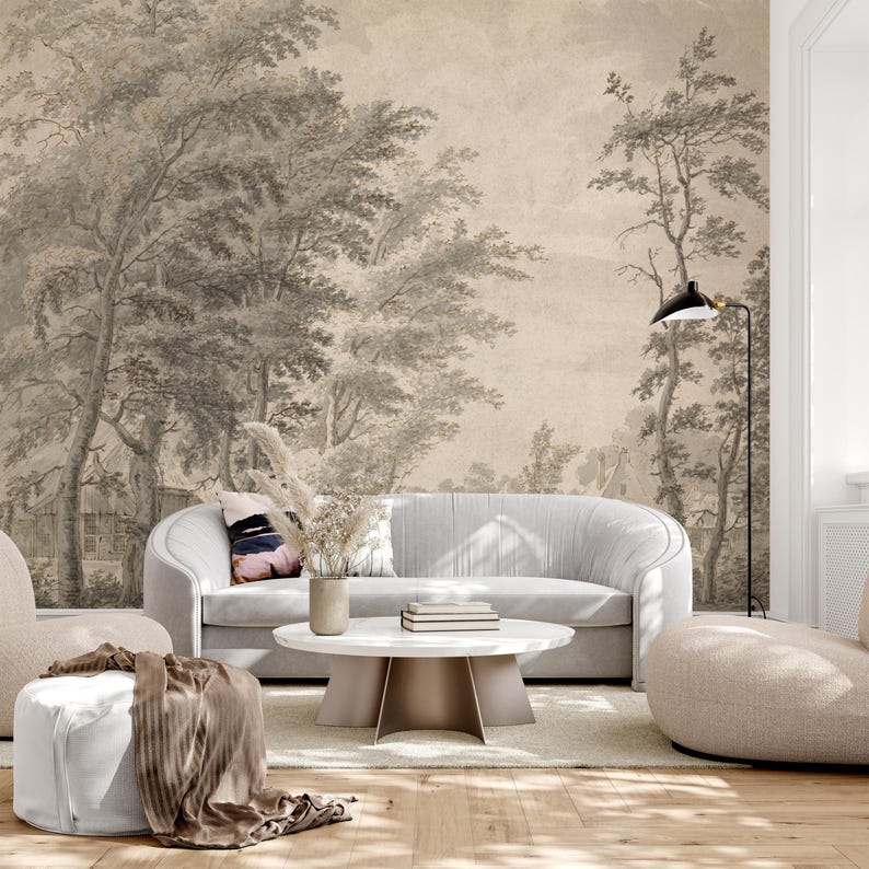 Rustic Landscape Wallpaper Mural: Vintage Soft-toned Panoramic Wall Art ...