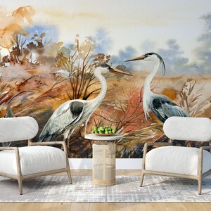 White Heron Bird Wallpaper Animal Wallpaper Removable Wallpaper Brown Leaves Mural peel and ...