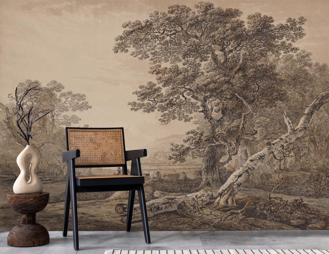 Vintage Forest Wallpaper, Rustic Landscape Peel and Stick Wall Mural ...