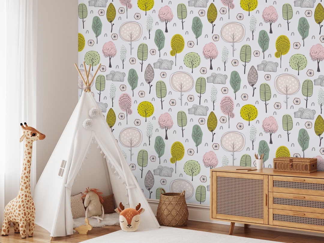 Scandinavian Tree Wallpaper, Pastel Forest Kids Room Peel and Stick ...