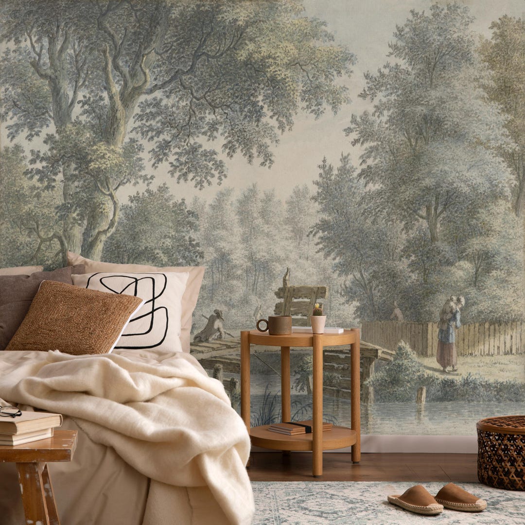 Vintage River Wall Mural, Peel and Stick Forest Landscape Wallpaper ...