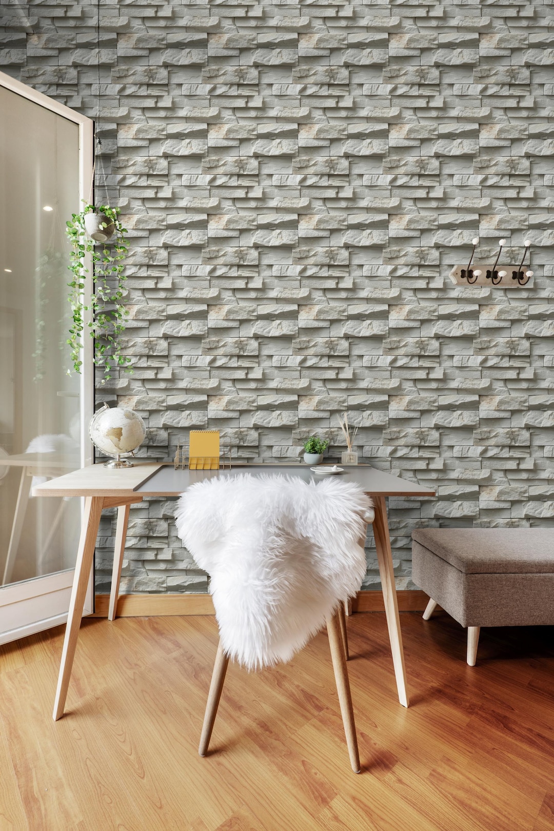 White Stone Wallpaper, Peel and Stick Interlaced Mural for Bathroom or ...
