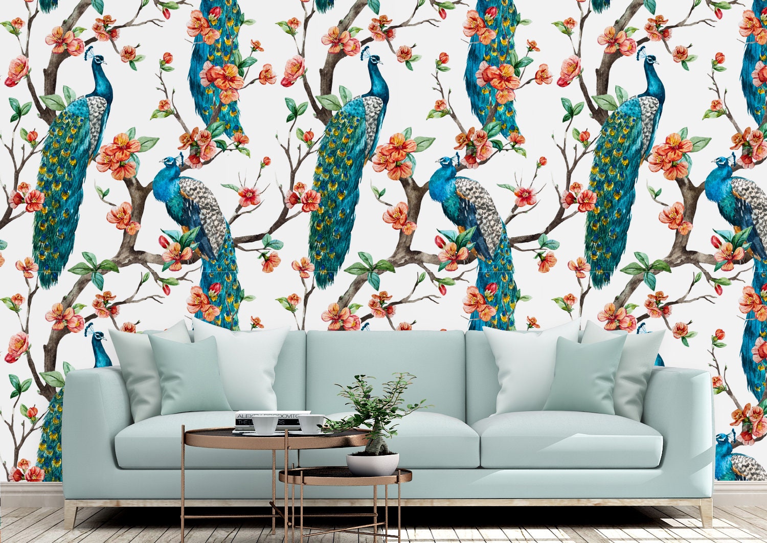 Peacock Wallpaper With Floral Wall Mural Peel and Stick Self - Etsy