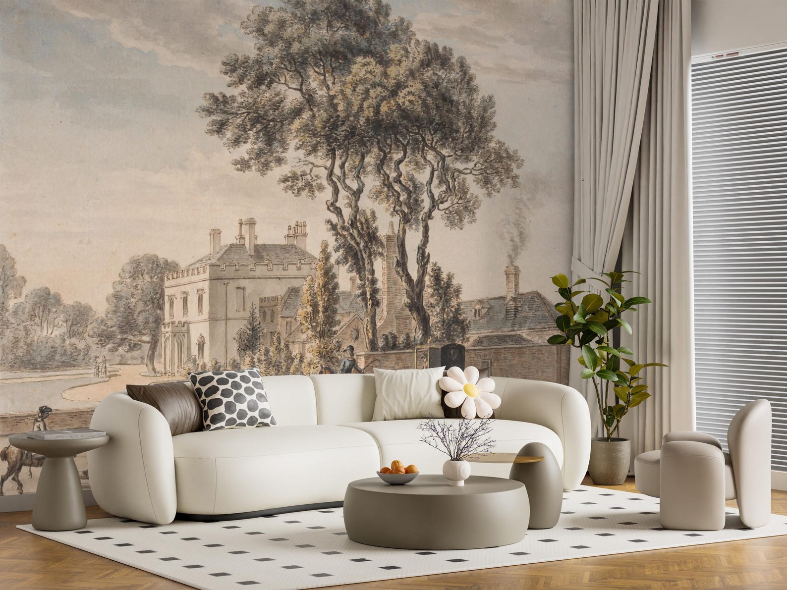 Vintage Landscape Wall Mural, Rural Horse Carriage Scenic Peel and ...