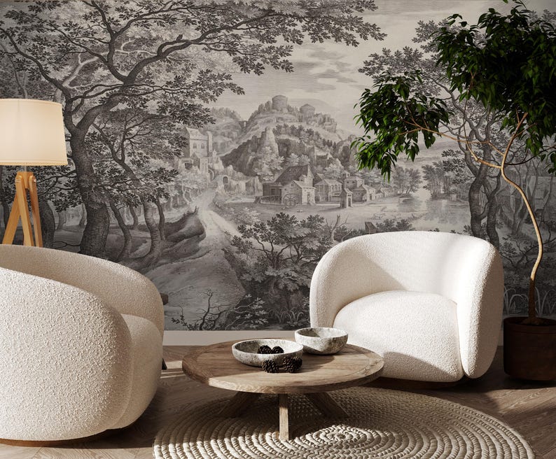 Rural Village Landscape Mural, Vintage Scenic Tree Peel and Stick ...