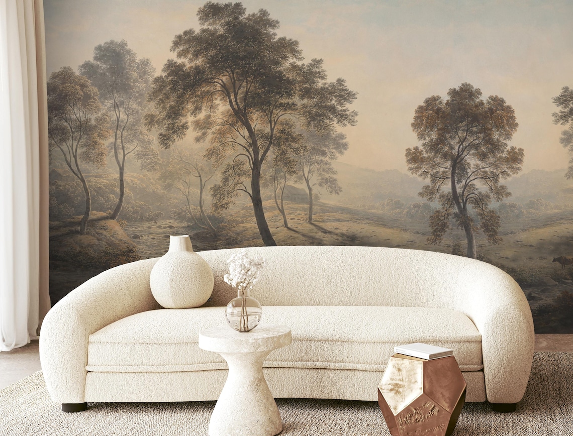 Vintage Scenic Tree Wallpaper, Panoramic Forest Landscape Mural - Etsy ...