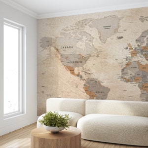 Beige World Map Wallpaper, World Map Wallpaper, Office Wall Mural ...