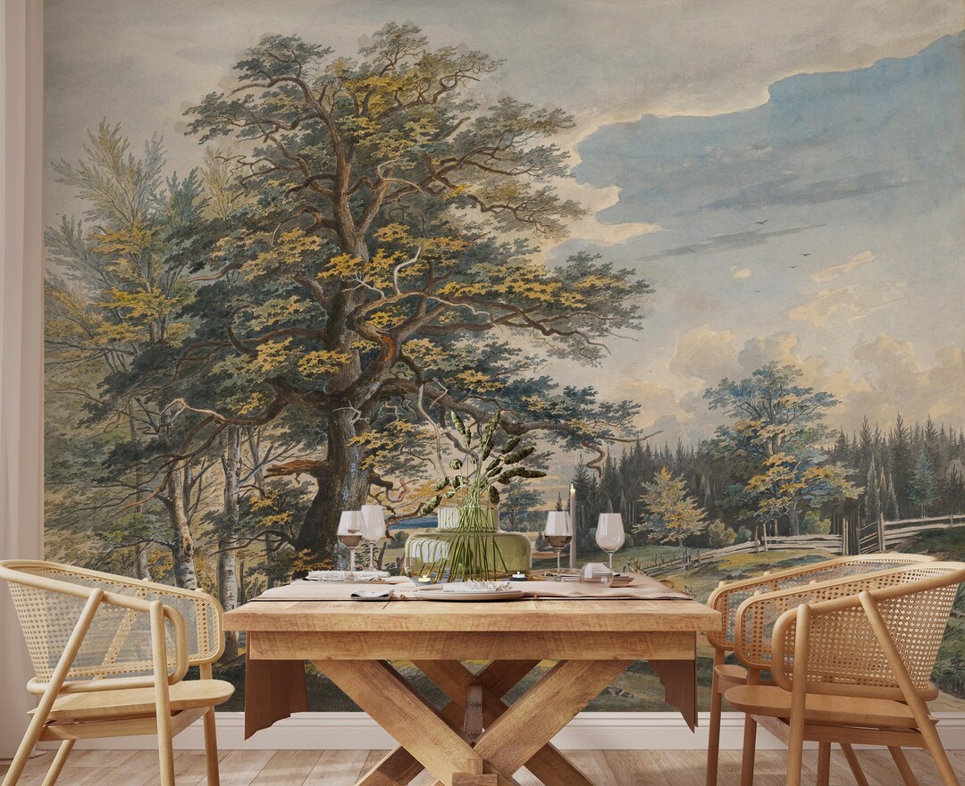 Green Valley Landscape Mural, Vintage Peel and Stick Scenic Wallpaper ...