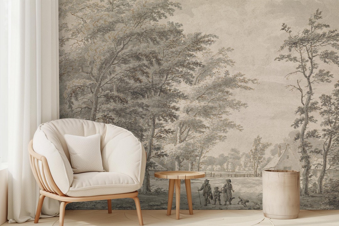 Rustic Forest Landscape Wall Mural, Vintage Art Wallpaper in ...