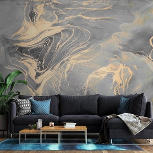 Dark Gray Marble Wallpaper Golden Line Wall Mural Marble Wallpaper Self ...
