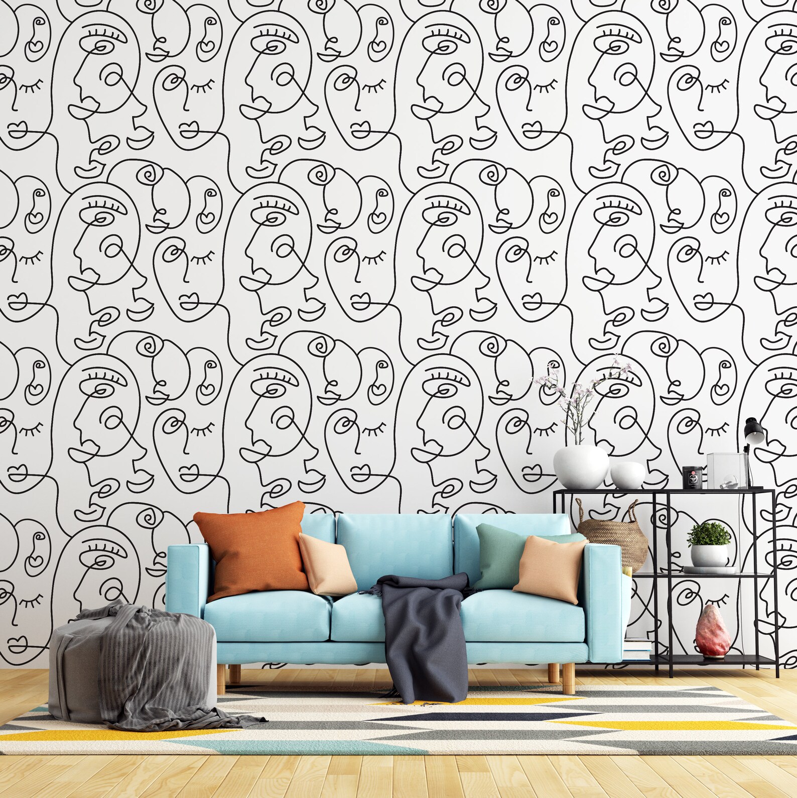 White Background Wallpaper / Line Art Woman Faces Wallpaper / | Etsy