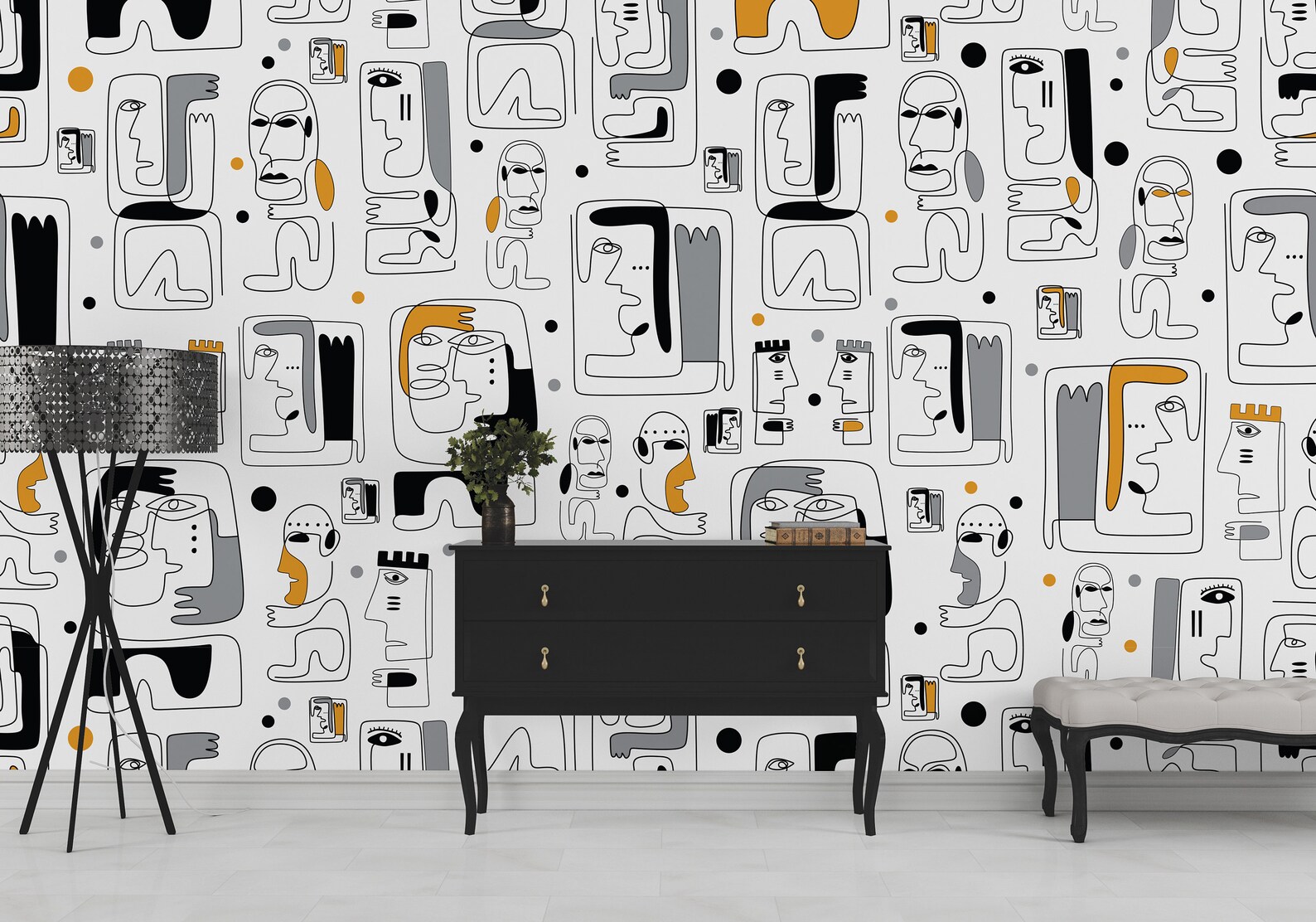 White Background / Line Art Face Wallpaper / Abstract Art / | Etsy