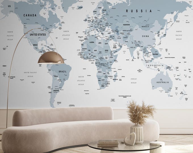 Gray World Map Peel and Stick Wallpaper: Removable Travel Mural - Etsy ...