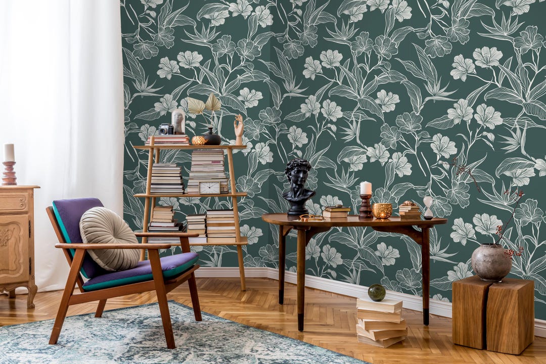 Emerald Green Color Wallpaper, Bathroom Wallpaper, Line Floral Wall ...