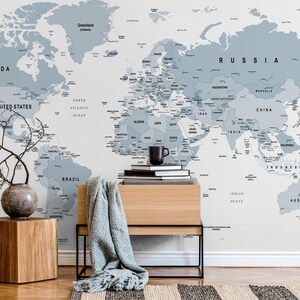 Blue World Map Wallpaper, Office Wallpaper, White World Map Mural, Peel ...