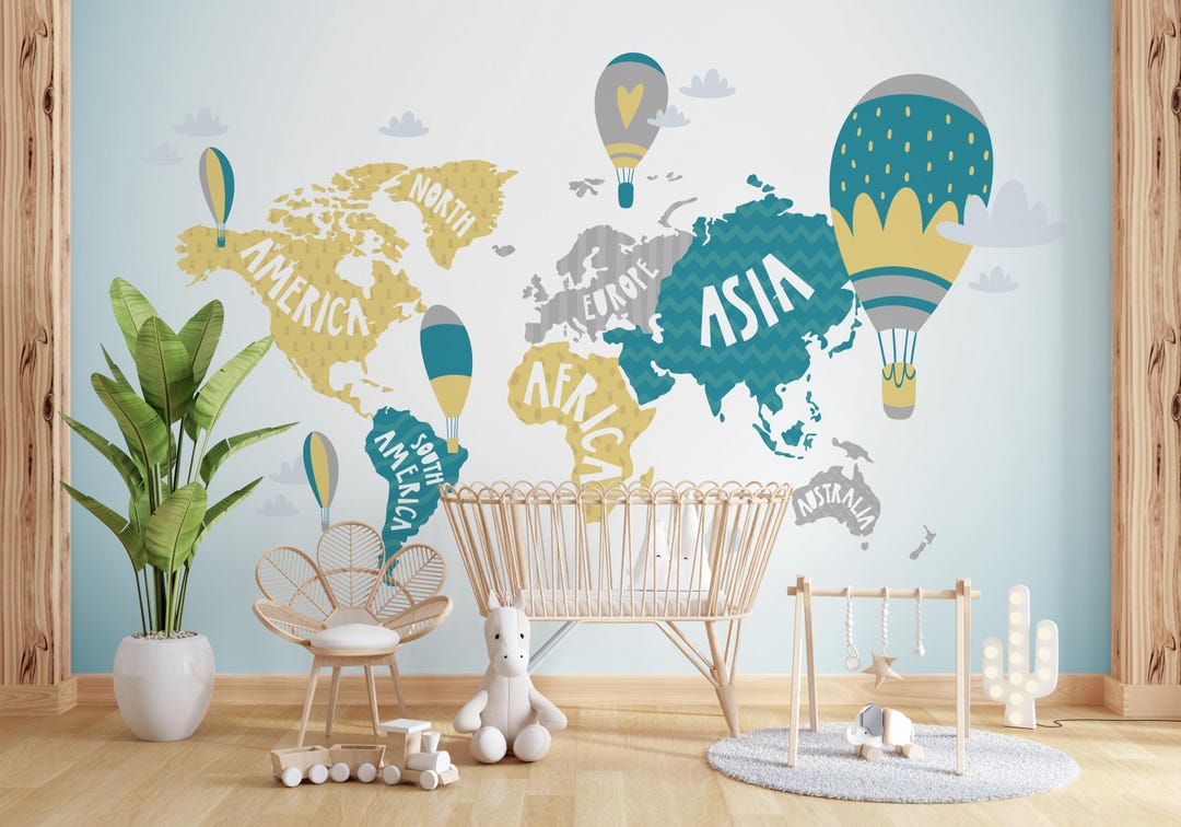 Pastel Kids World Map Peel and Stick Wallpaper, Custom Geography Mural ...