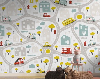 Kids City Wallpaper / Colorful Nursery Town Wallpaper / Kids Colorful ...