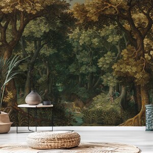 Rustic Dark Forest Wallpaper Mural, Wooded Landscape With Stag Hunt ...