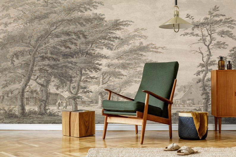 Rustic Landscape Wallpaper Mural: Vintage Soft-toned Panoramic Wall Art ...
