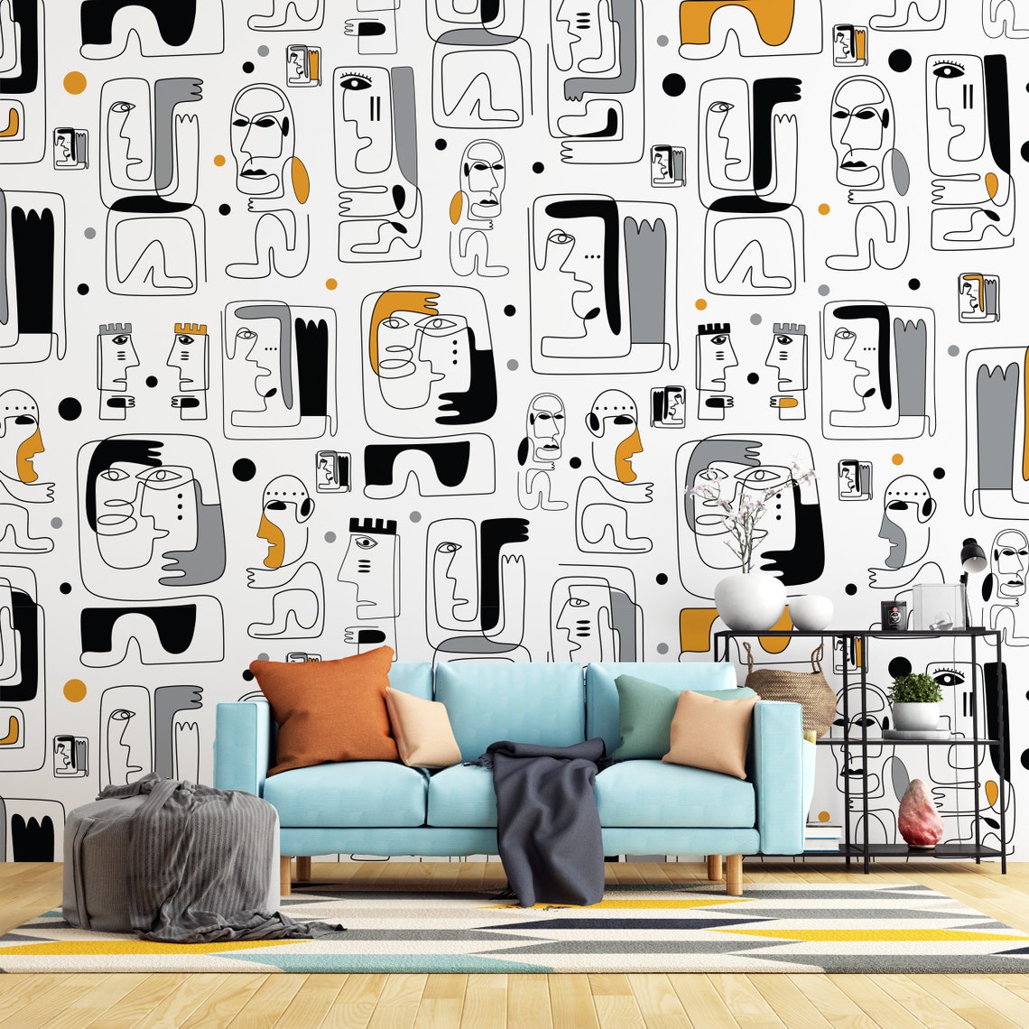 White Background / Line Art Face Wallpaper / Abstract Art / | Etsy