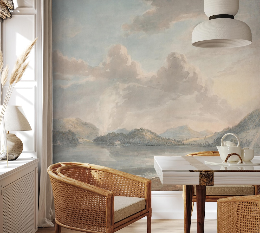 Vintage Lake Landscape Wallpaper, Serene Coastal Peel and Stick Wall ...