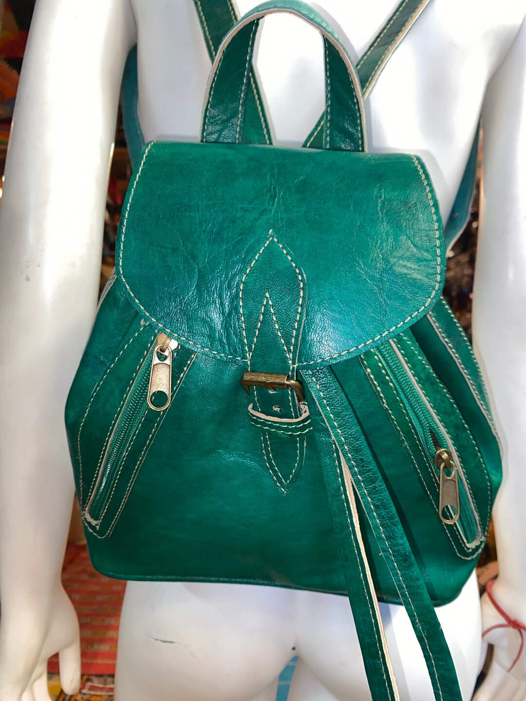 Moroccan Leather Backpack, Turquoise Genuine Leather Backpack With ...