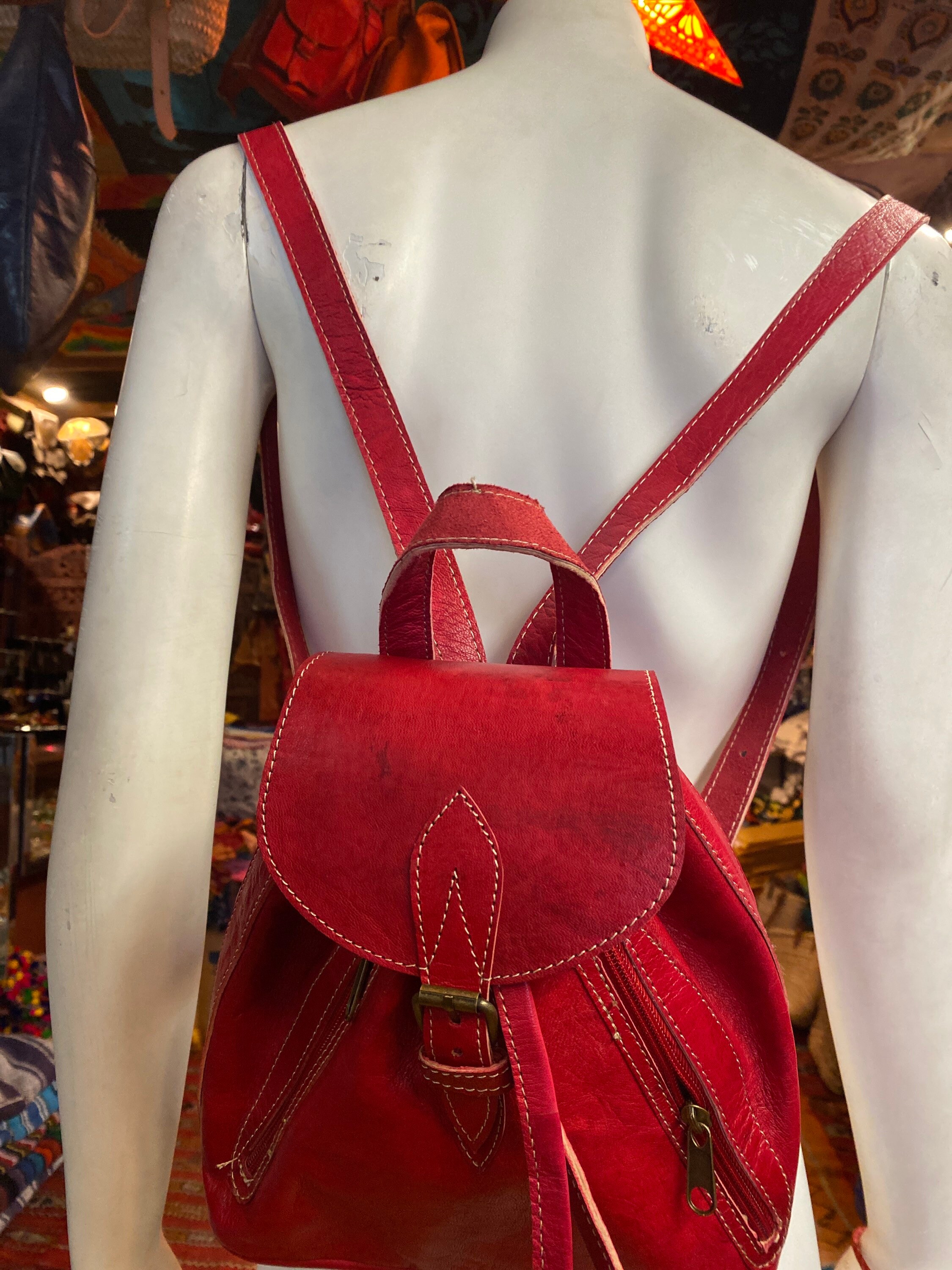 Moroccan Leather Backpack Red Color Genuine Leather Backpack | Etsy