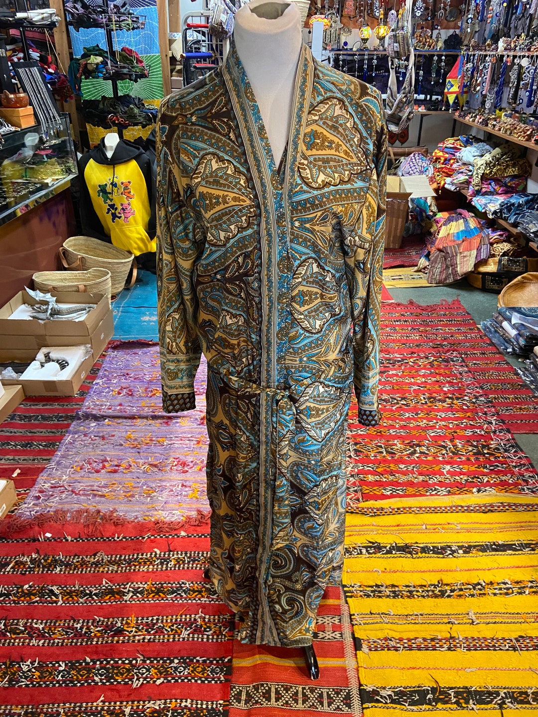 Men's Silk Boho Kimonos Man House Beach Artist Robe Digital Midnight ...