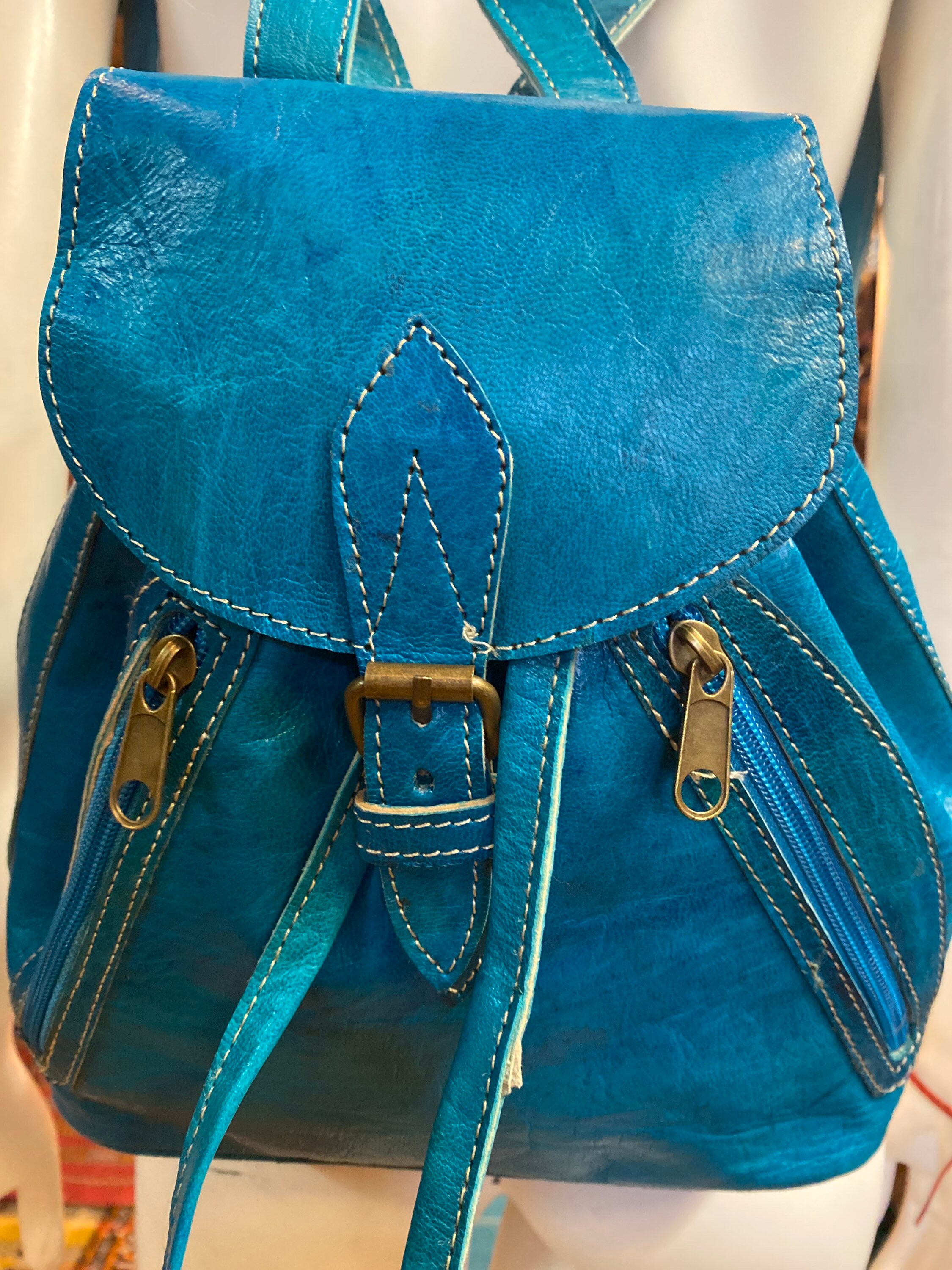 Moroccan Leather Backpack Turquoise Genuine Leather Backpack - Etsy