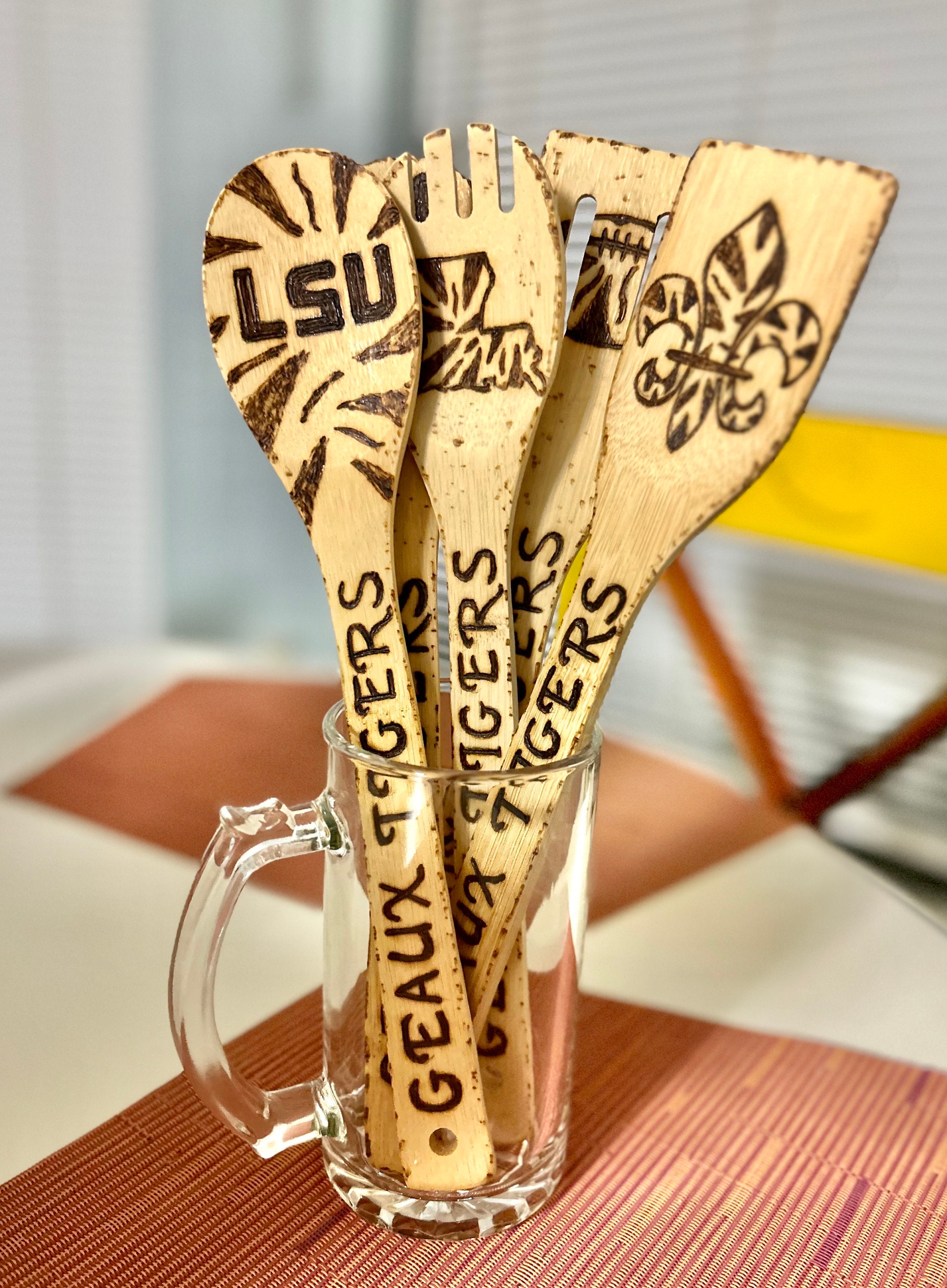 LSU Themed Kitchen Cooking Utensil 5pc Set/geaux Tigers/custom Wooden ...