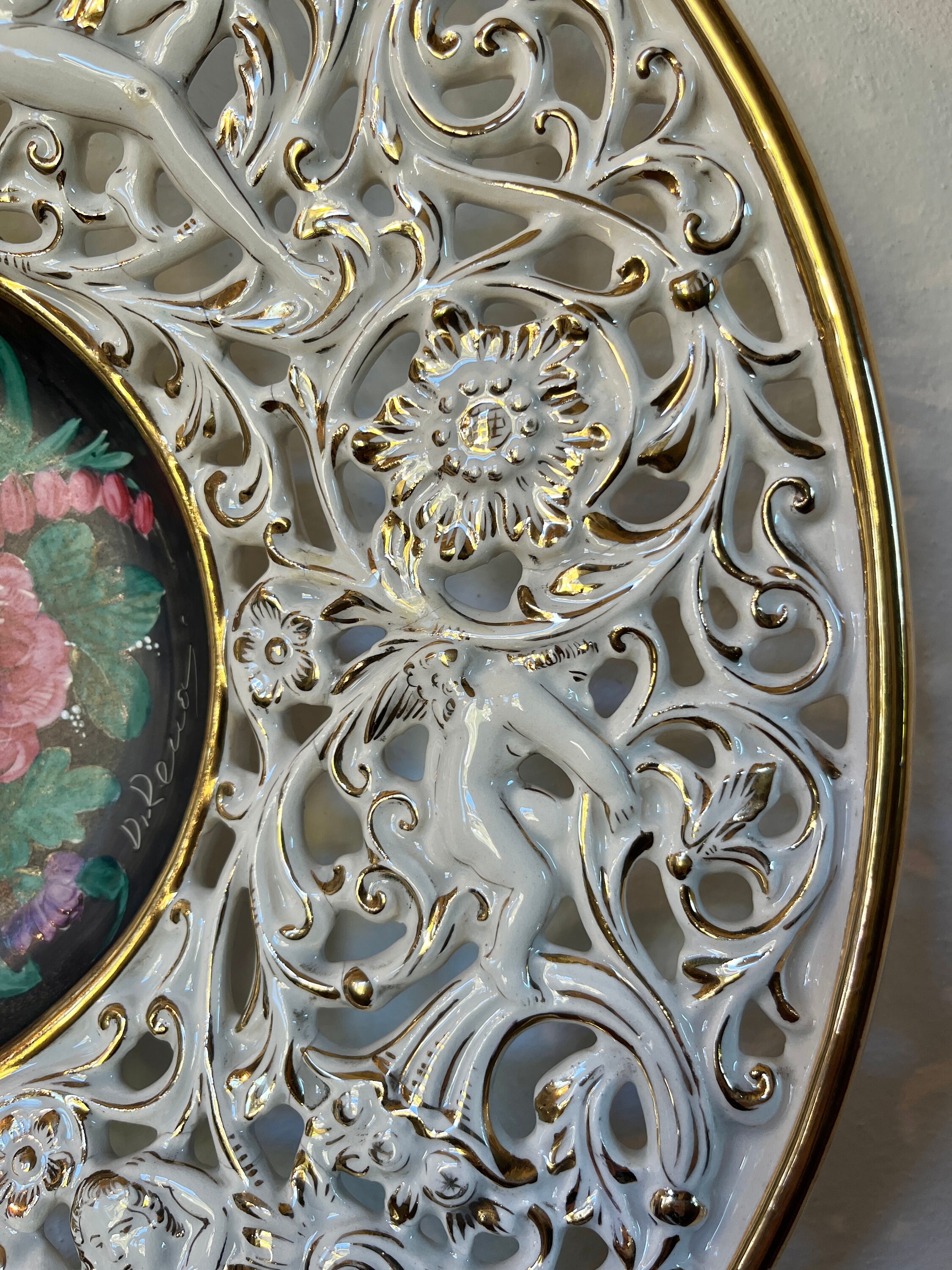 Vintage Capodimonte Wall Plate, Hand-painted Flemish Flowers, Gold Leaf ...