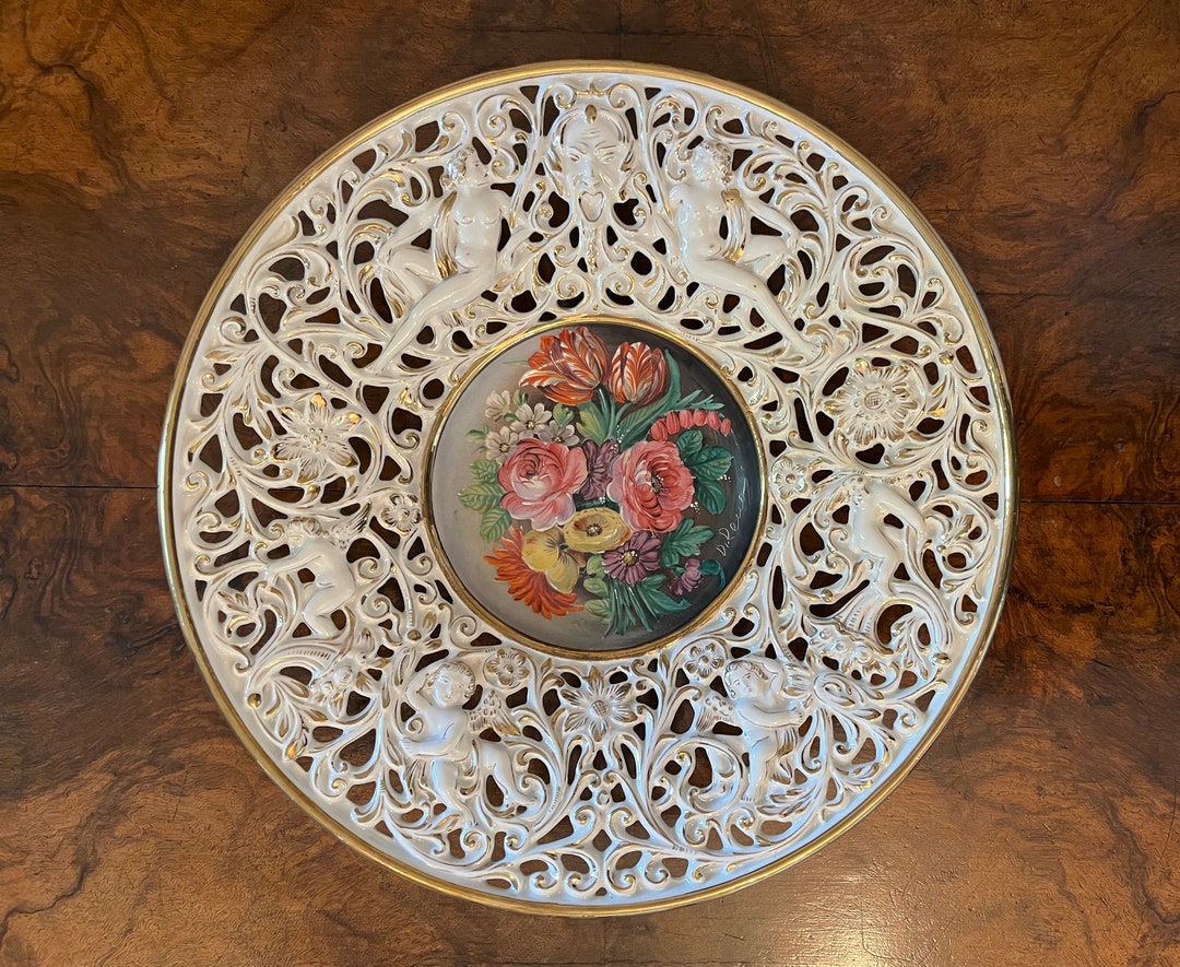 Vintage Capodimonte Wall Plate, Hand-painted Flemish Flowers, Gold Leaf ...