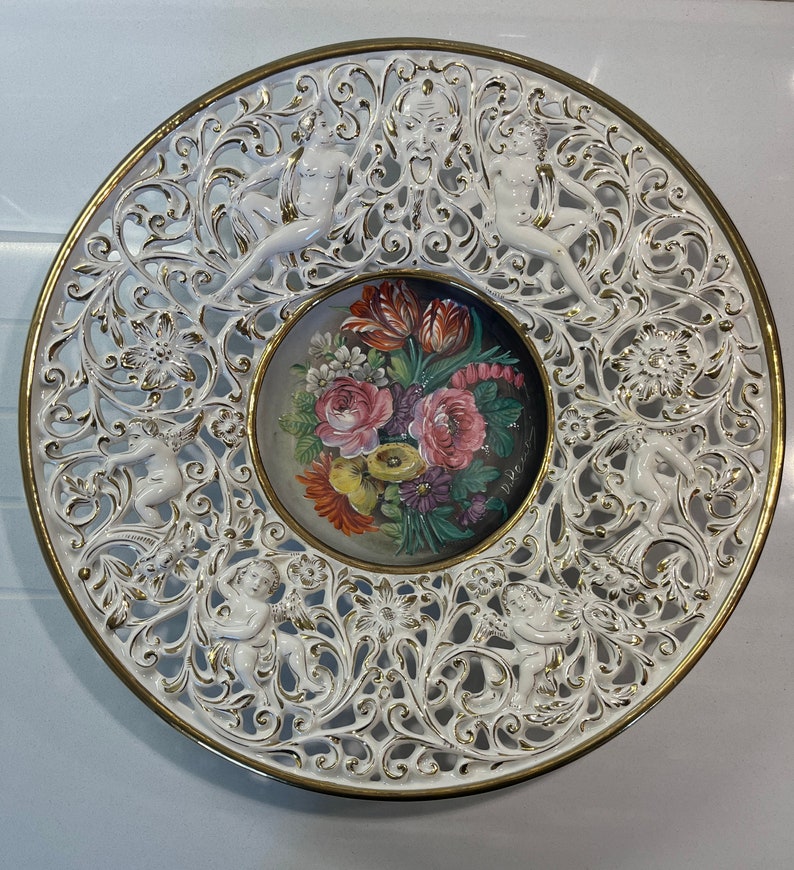 Vintage Capodimonte Wall Plate, Hand-painted Flemish Flowers, Gold Leaf ...