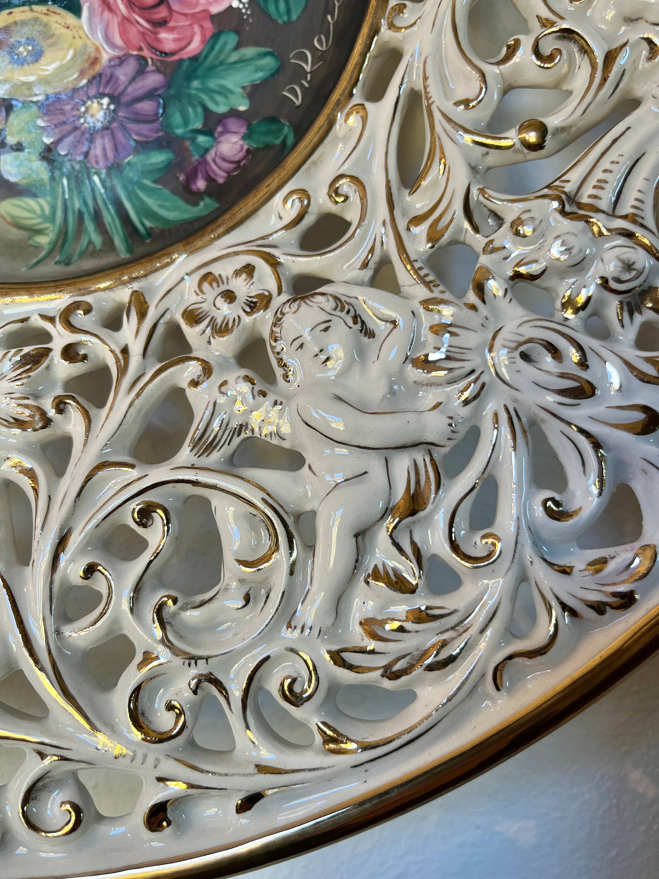 Vintage Capodimonte Wall Plate, Hand-painted Flemish Flowers, Gold Leaf ...