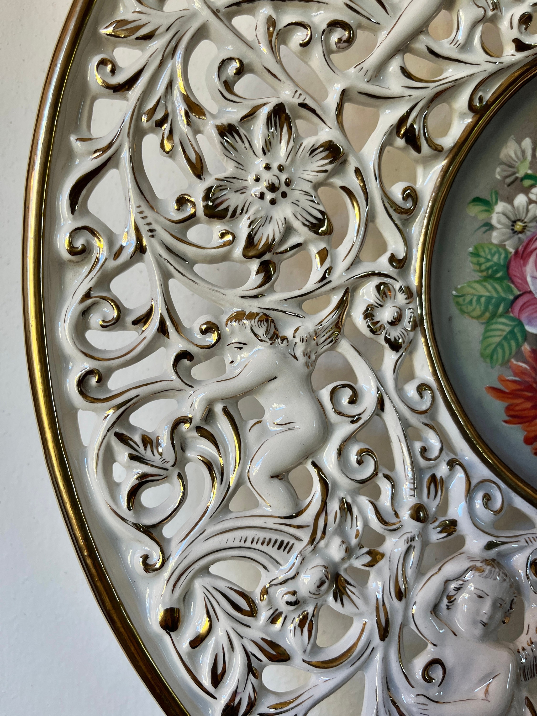 Vintage Capodimonte Wall Plate, Hand-painted Flemish Flowers, Gold Leaf ...