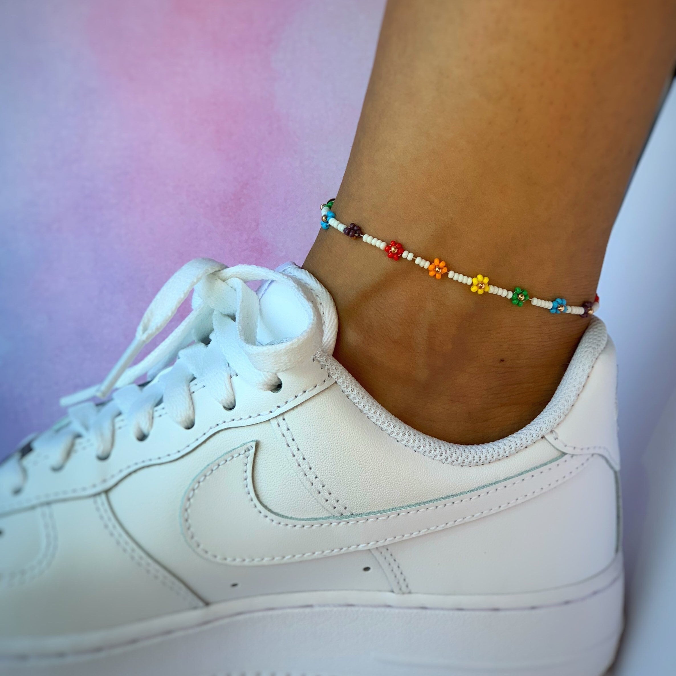 Rainbow Beaded Anklet Rainbow Daisy Anklet Rainbow Flower - Etsy