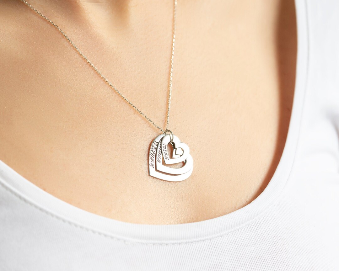 Custom Three Heart Necklace / Family Name Necklace / Multiple Layered ...
