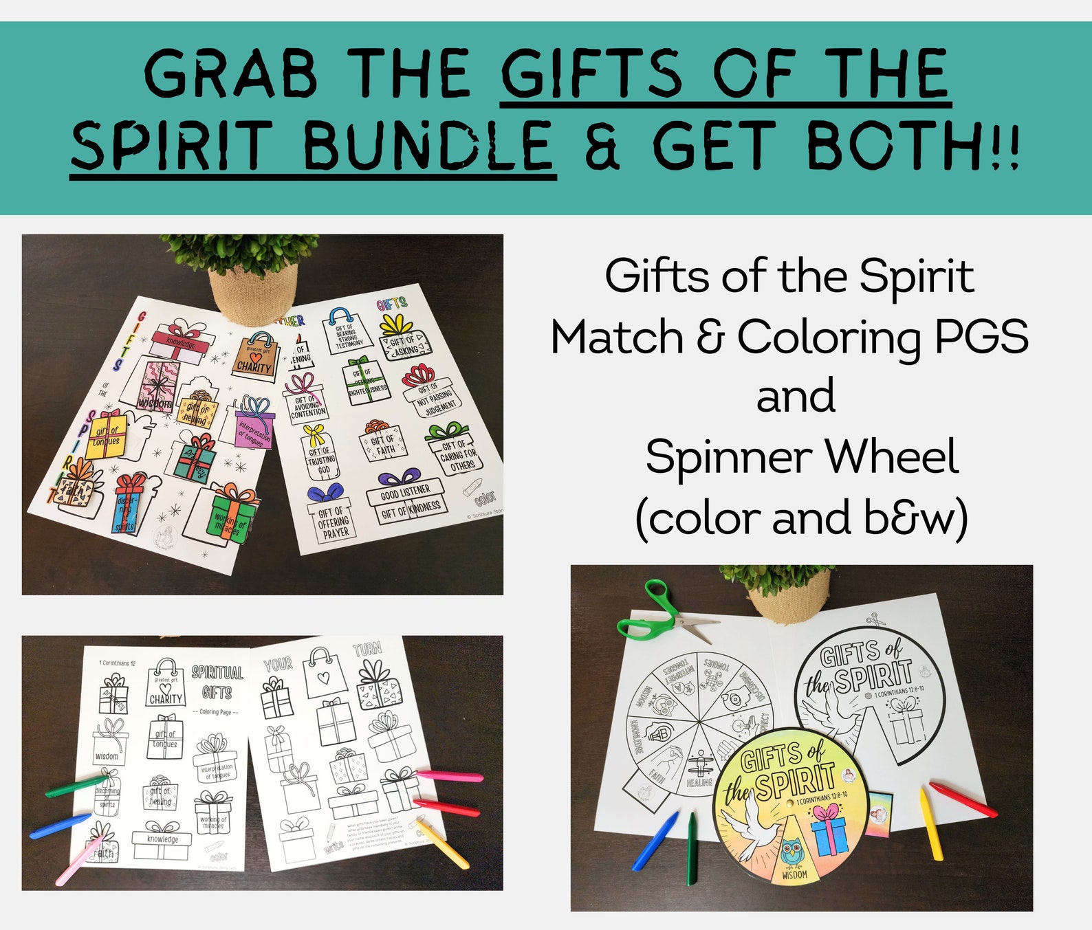 Gifts of Spirit 1 Cor. 12, Kids Bible Craft Spinner Color and B&W ...