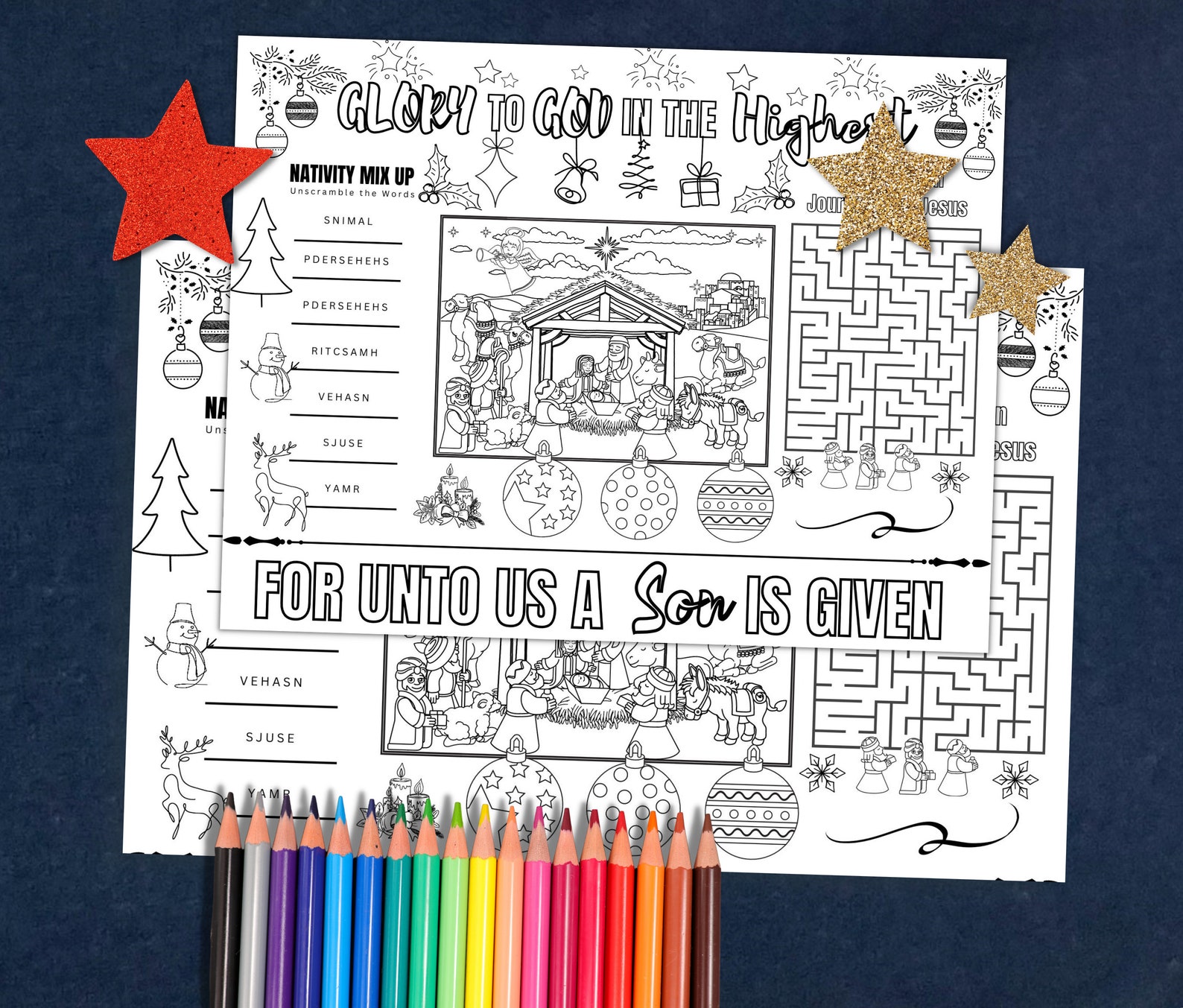 Nativity Christmas Bible Story Scavenger Hunt & Coloring Placemats Kids ...
